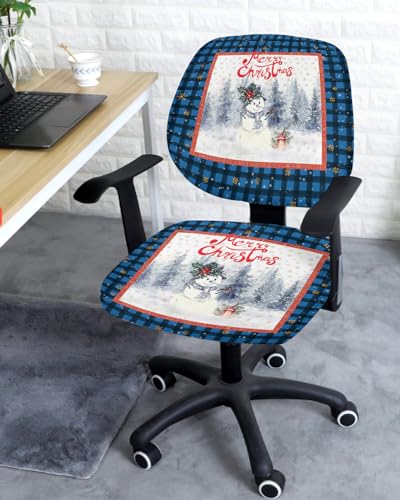 Christmas Plaid Snowman Office Chair Cover Stretchable Computer Chair Seat Cover Backrest Slipcovers, Stretchable Rotating Desk Chair Seat Cushion Split Protectors Buffalo Snowflake Snow Tree