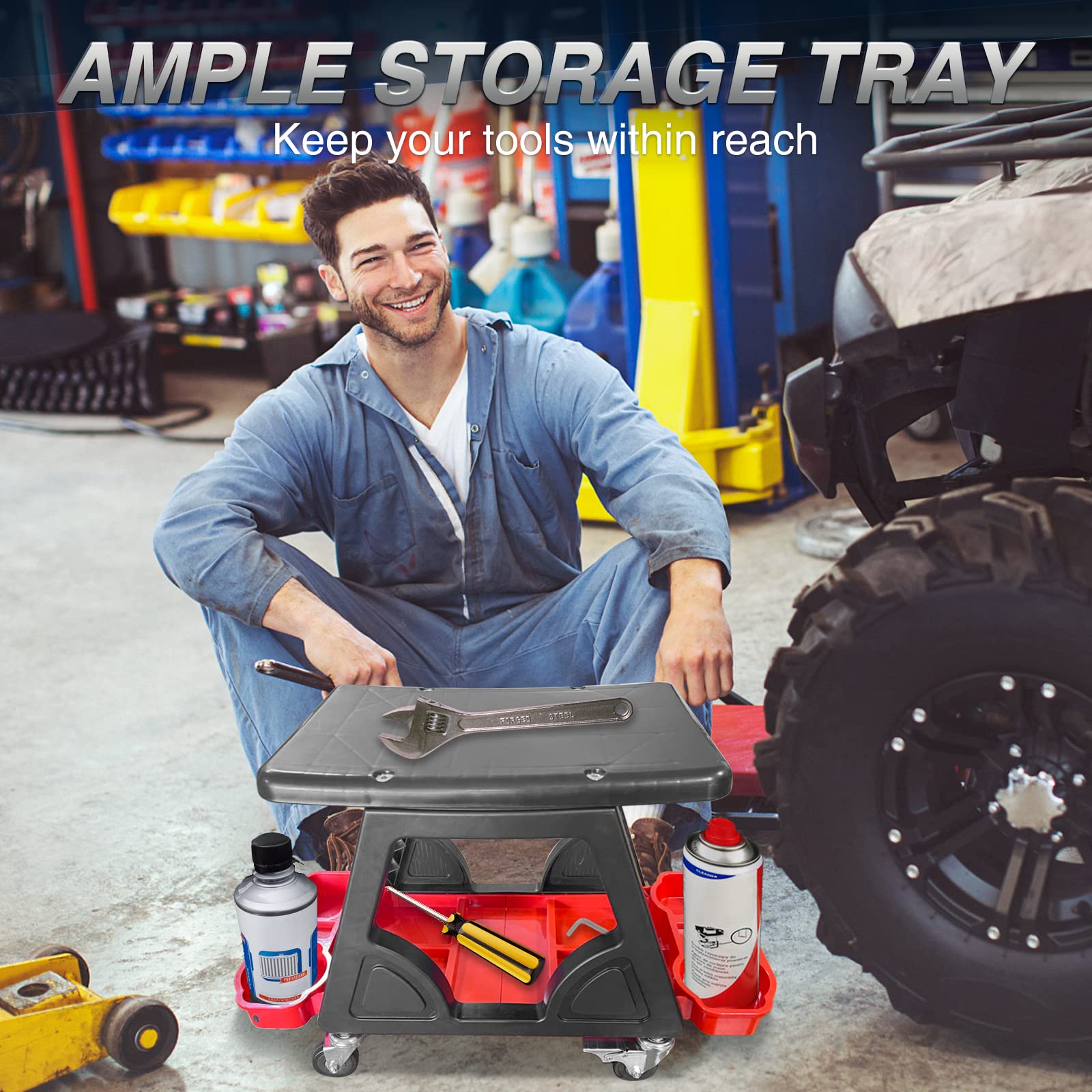 AgiiMan Rolling Mechanic Stool - 300 LBS Capacity Detailing Garage Stool with Wheels, Heavy Duty Mechanic Garage Chair Creeper Seat 2 Tool Storage Drawers Under Seat for Garage Repair