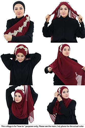 Aisha's Design Chiffon Hijab Shawl for Women Muslim, Turban Scarf with Lace Accessories, Off-White-Silver