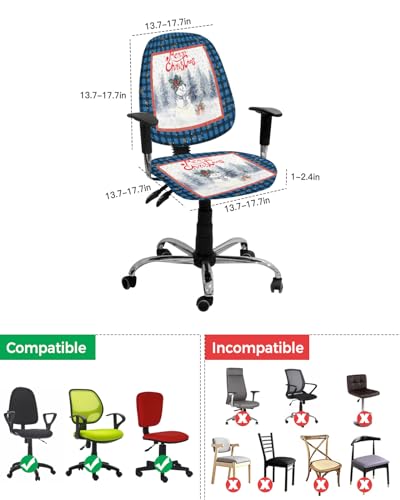 Christmas Plaid Snowman Office Chair Cover Stretchable Computer Chair Seat Cover Backrest Slipcovers, Stretchable Rotating Desk Chair Seat Cushion Split Protectors Buffalo Snowflake Snow Tree