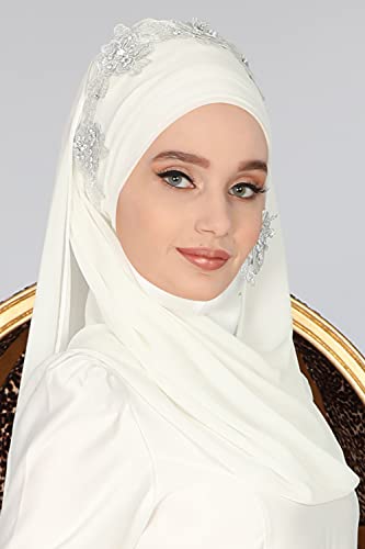 Aisha's Design Chiffon Hijab Shawl for Women Muslim, Turban Scarf with Lace Accessories, Off-White-Silver