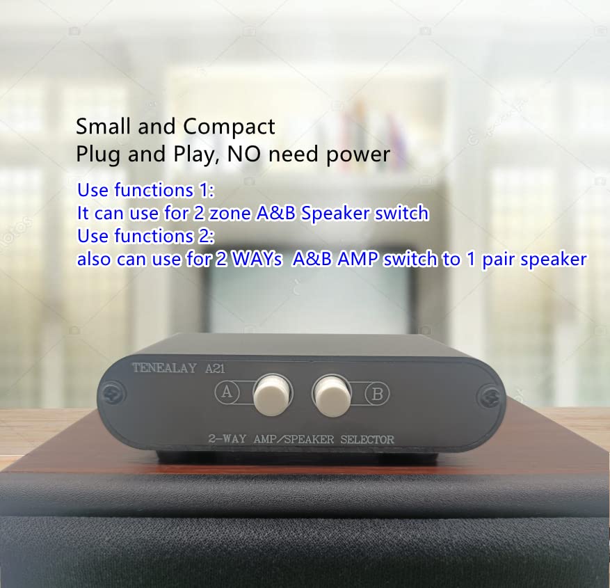 TENEALAY 2-Way Stereo Amplifier Speaker Selector, AB Speaker Switch 2 Zone Distribution, Amp Switcher Box, SPK Controller A21