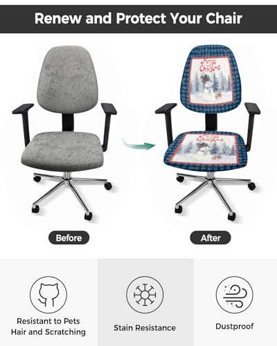 Christmas Plaid Snowman Office Chair Cover Stretchable Computer Chair Seat Cover Backrest Slipcovers, Stretchable Rotating Desk Chair Seat Cushion Split Protectors Buffalo Snowflake Snow Tree