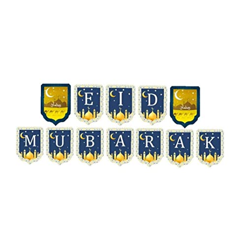 Froiny Eid Mubarak Bunting Banner Blue Muslim Islamic Decorations with Star and Moon Garlands for Ramadan Kareem Party Supplies