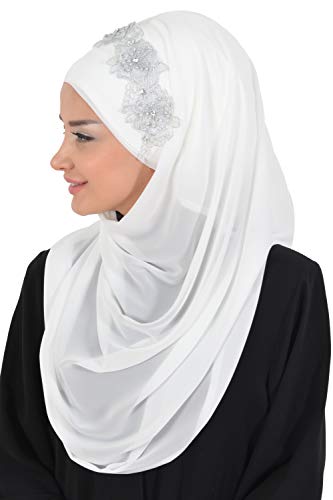 Aisha's Design Chiffon Hijab Shawl for Women Muslim, Turban Scarf with Lace Accessories, Off-White-Silver