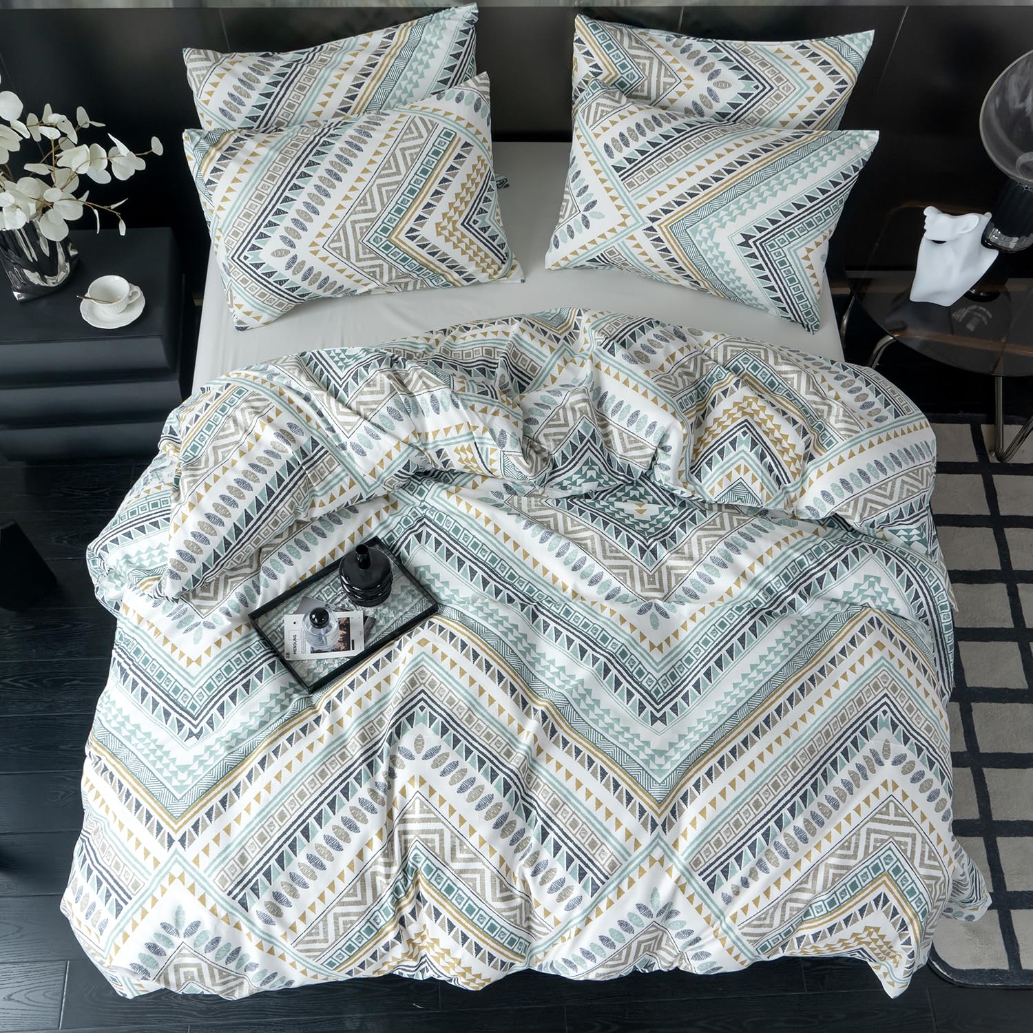 Boho Duvet Cover King, 3 Pieces Boho King Bedding Set, Ethnic Yellow White Green Louvre Bohemian Pattern Duvet Covers, 100% Cotton, Luxury Soft Breathable Comfy with Zipper Closure