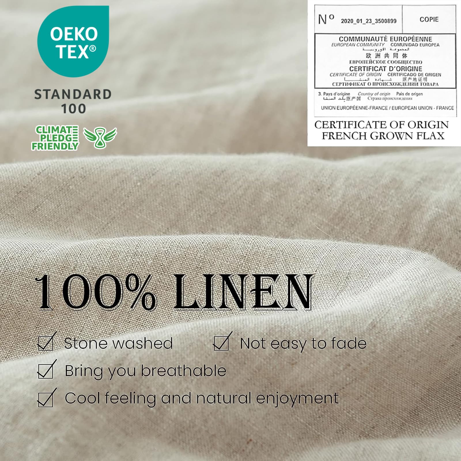 Simple&Opulence 100% Linen Duvet Cover Set 3pcs Basic Style Natural French Washed Flax Solid Color Soft Breathable Farmhouse Bedding with Button Closure - Linen, Queen