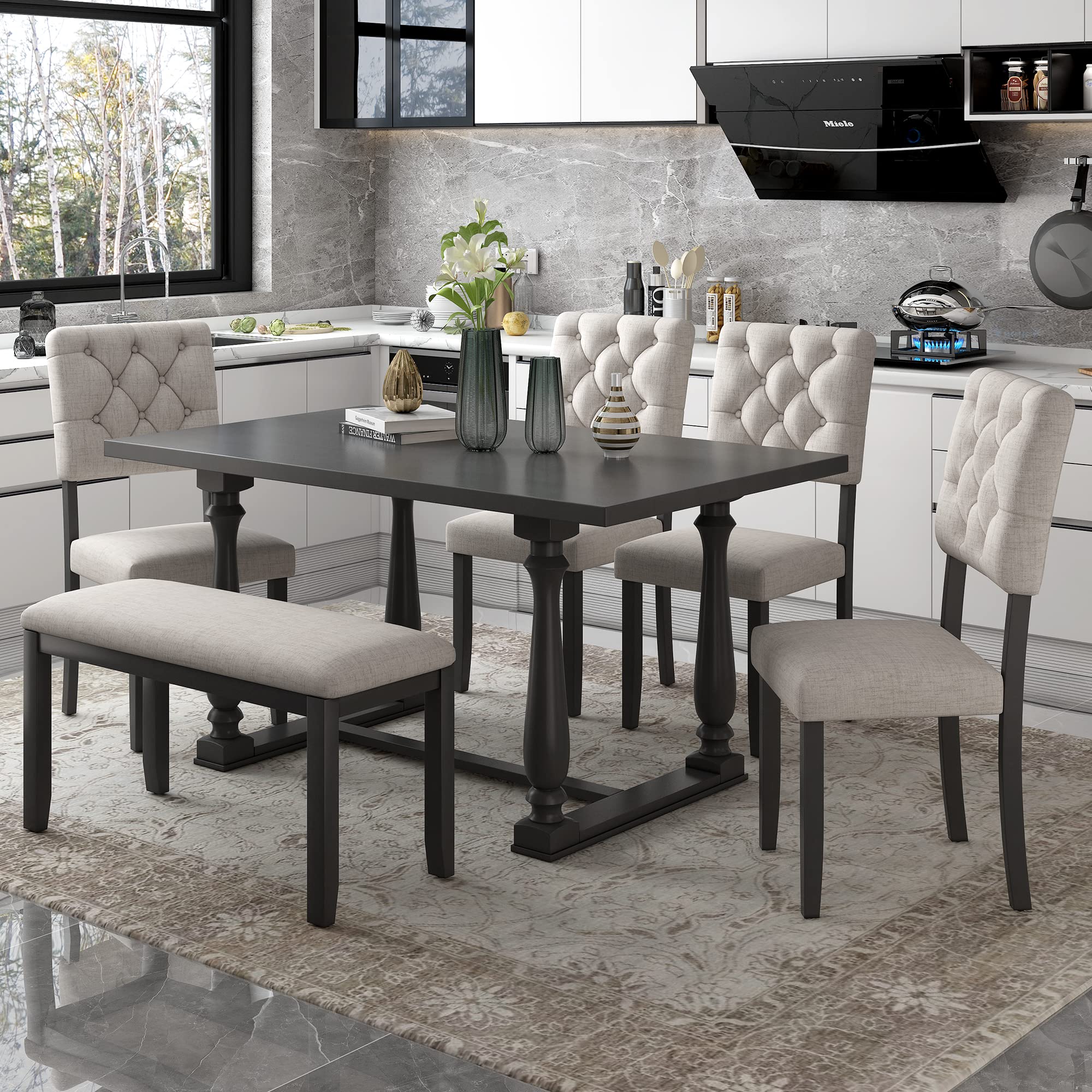 Merax Dining Table Set for 6, Wooden Rectangular Dining Table with Strong Legs and 4 Foam-Covered Seat Backs&Cushions Chairs & A Bench for Kitchen, Dining Room Furniture (Mediterranean Grey)