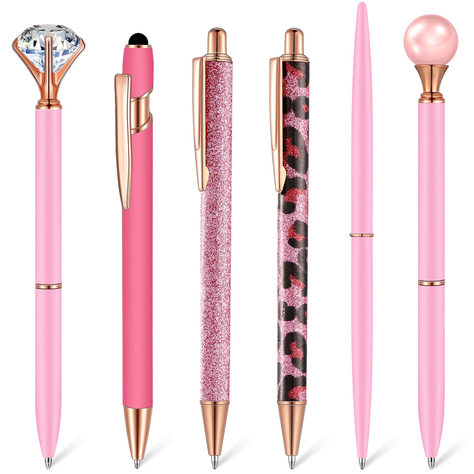 Qeeenar 6 Pcs Ballpoint Pens Set Metal Crystal Diamond Pen for Journaling Glitter Pretty Cute Stationery Black Ink Fancy Gifts for Women Girls Teacher Office Wedding School Supplies(Pink Series)
