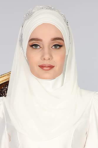 Aisha's Design Chiffon Hijab Shawl for Women Muslim, Turban Scarf with Lace Accessories, Off-White-Silver