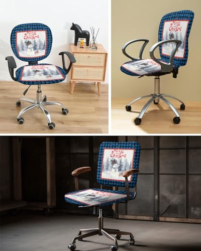 Christmas Plaid Snowman Office Chair Cover Stretchable Computer Chair Seat Cover Backrest Slipcovers, Stretchable Rotating Desk Chair Seat Cushion Split Protectors Buffalo Snowflake Snow Tree