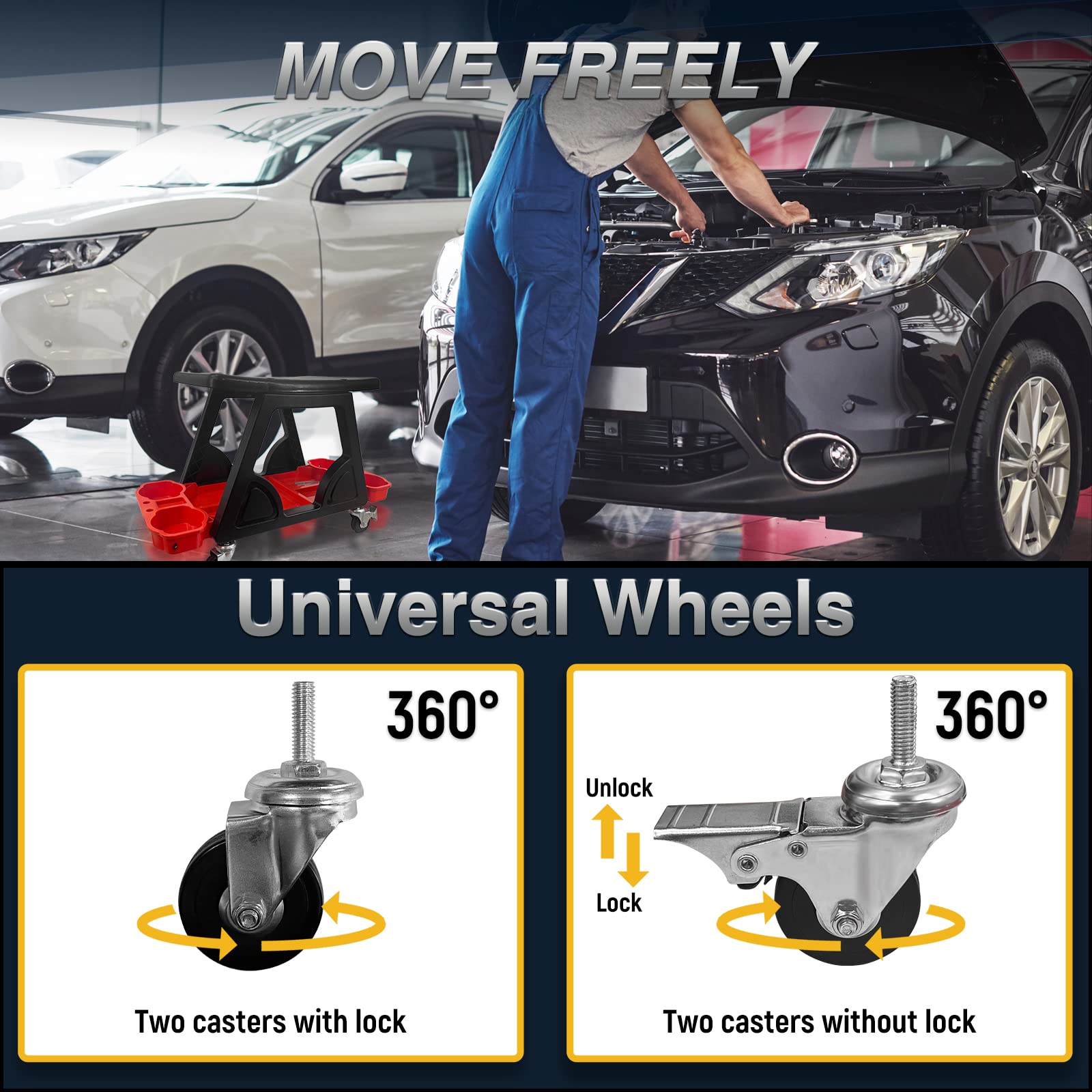 AgiiMan Rolling Mechanic Stool - 300 LBS Capacity Detailing Garage Stool with Wheels, Heavy Duty Mechanic Garage Chair Creeper Seat 2 Tool Storage Drawers Under Seat for Garage Repair
