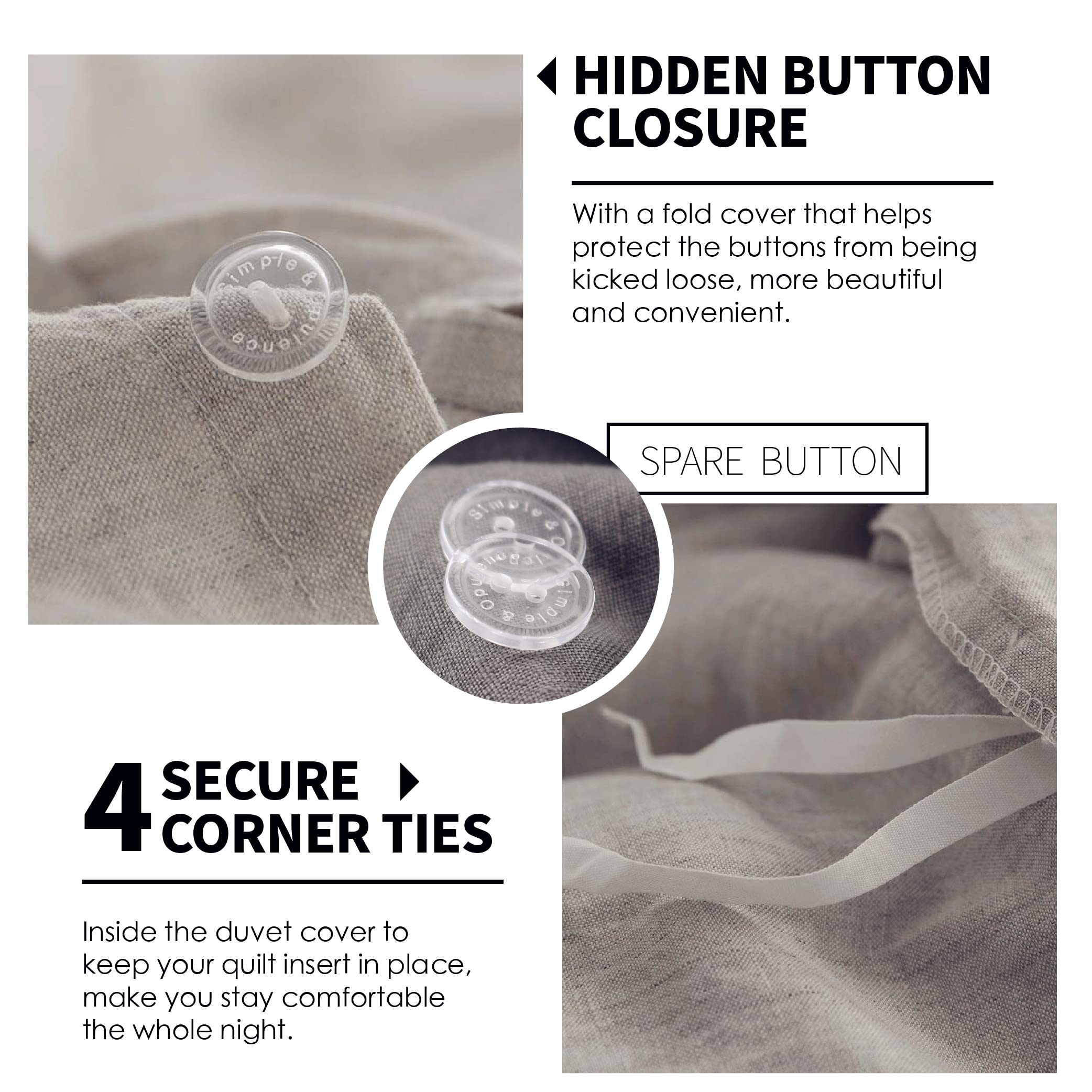 Simple&Opulence 100% Linen Duvet Cover Set 3pcs Basic Style Natural French Washed Flax Solid Color Soft Breathable Farmhouse Bedding with Button Closure - Linen, Queen