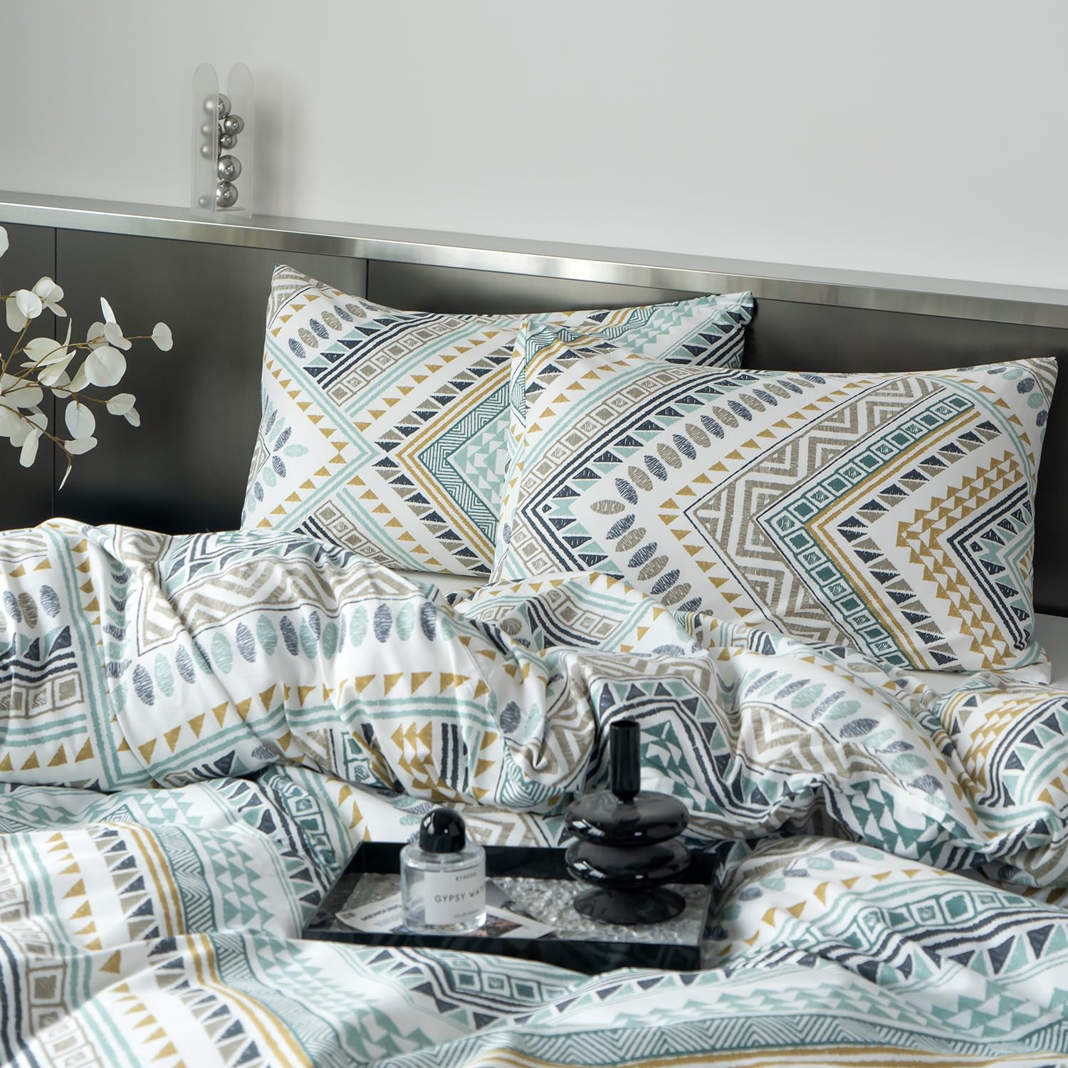 Boho Duvet Cover King, 3 Pieces Boho King Bedding Set, Ethnic Yellow White Green Louvre Bohemian Pattern Duvet Covers, 100% Cotton, Luxury Soft Breathable Comfy with Zipper Closure