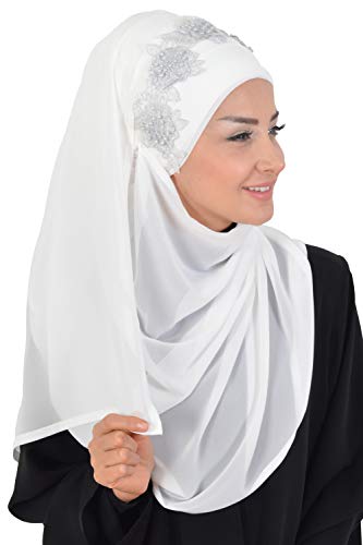 Aisha's Design Chiffon Hijab Shawl for Women Muslim, Turban Scarf with Lace Accessories, Off-White-Silver