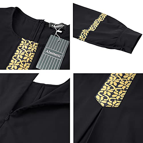 Abetteric Womens Long Sleeve Ethnic Style Full Zip Muslim Dresses Abaya with Hijabs Black 2XL