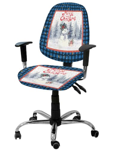 Christmas Plaid Snowman Office Chair Cover Stretchable Computer Chair Seat Cover Backrest Slipcovers, Stretchable Rotating Desk Chair Seat Cushion Split Protectors Buffalo Snowflake Snow Tree