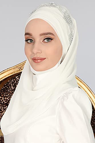 Aisha's Design Chiffon Hijab Shawl for Women Muslim, Turban Scarf with Lace Accessories, Off-White-Silver