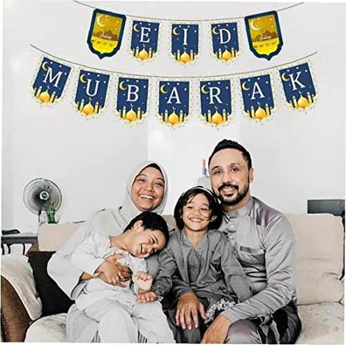 Froiny Eid Mubarak Bunting Banner Blue Muslim Islamic Decorations with Star and Moon Garlands for Ramadan Kareem Party Supplies