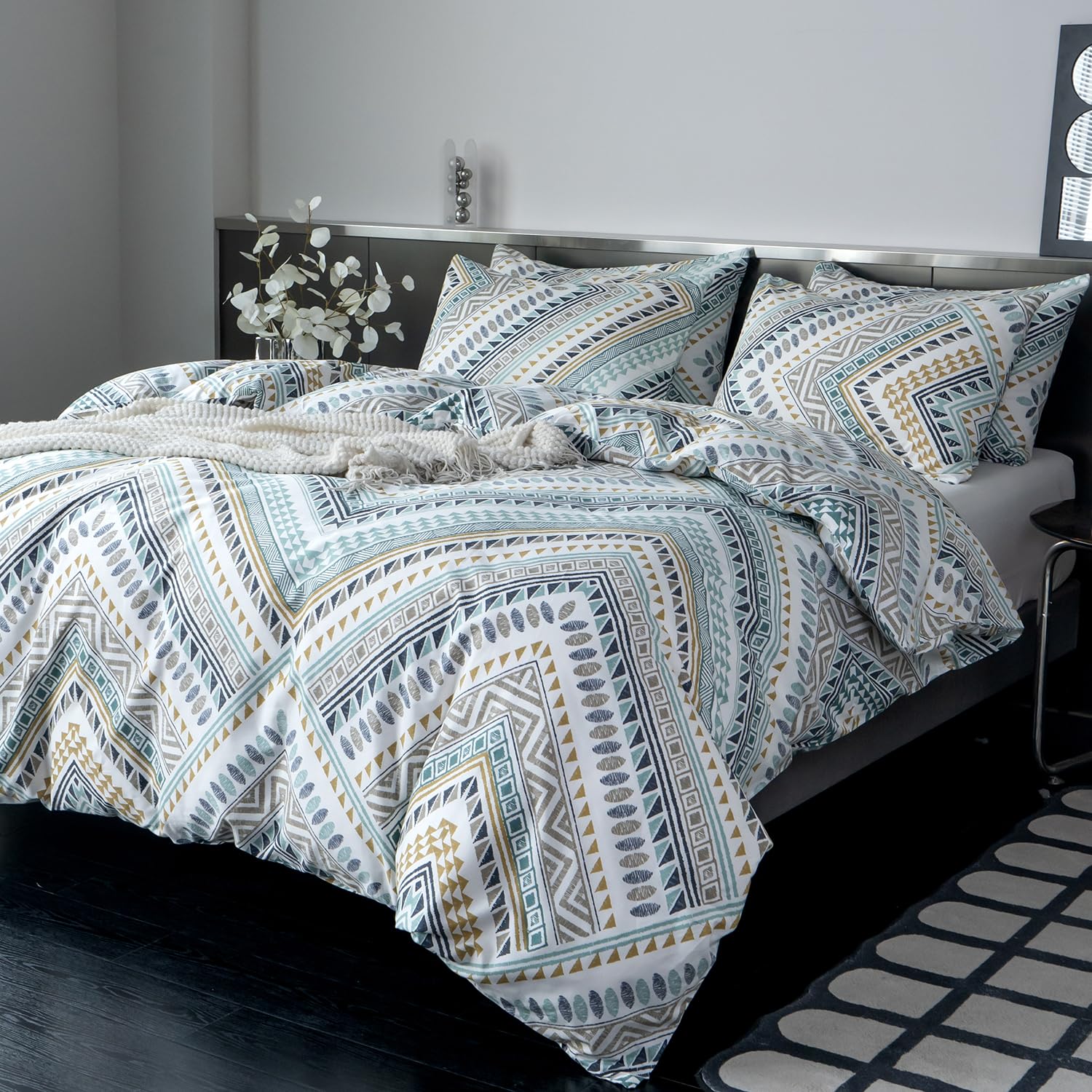 Boho Duvet Cover King, 3 Pieces Boho King Bedding Set, Ethnic Yellow White Green Louvre Bohemian Pattern Duvet Covers, 100% Cotton, Luxury Soft Breathable Comfy with Zipper Closure