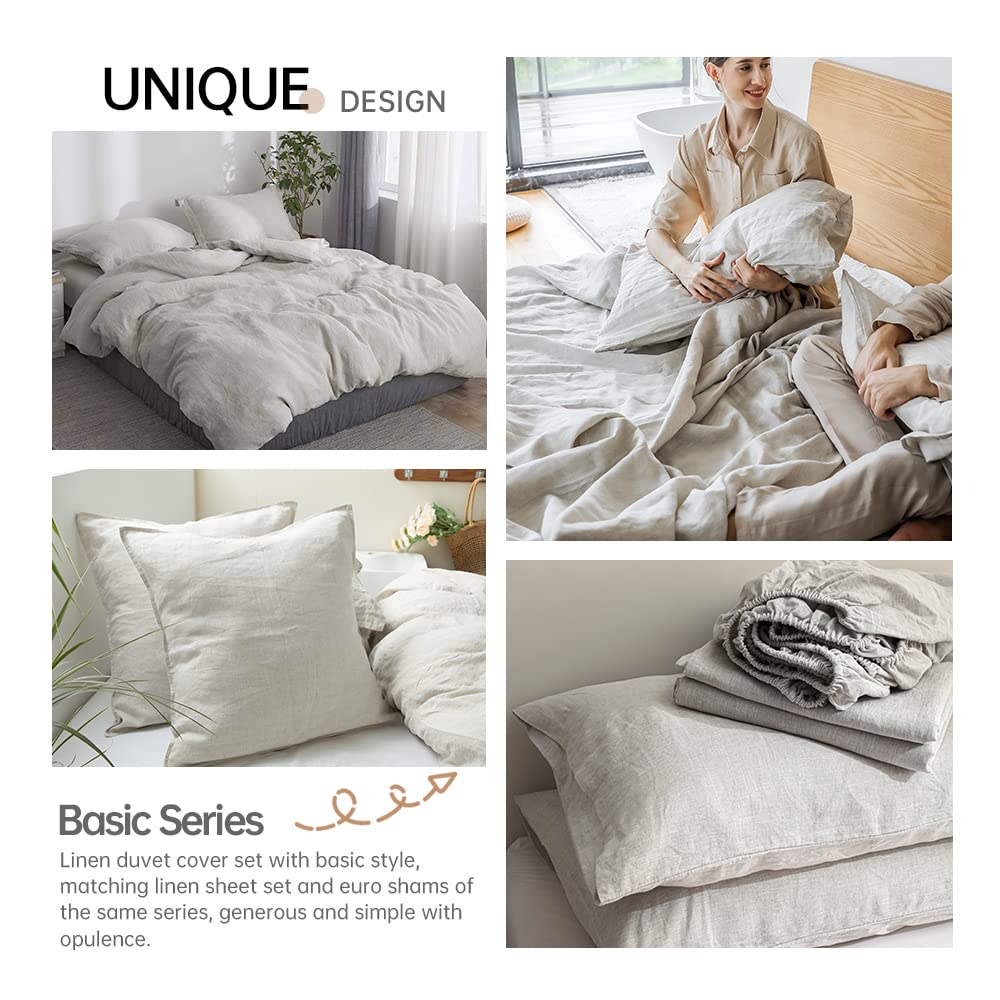 Simple&Opulence 100% Linen Duvet Cover Set 3pcs Basic Style Natural French Washed Flax Solid Color Soft Breathable Farmhouse Bedding with Button Closure - Linen, Queen