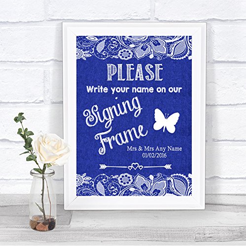 Navy Blue Burlap Lace Signing Frame Guestbook Message Personalized Wedding Sign