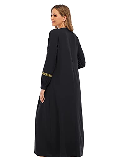 Abetteric Womens Long Sleeve Ethnic Style Full Zip Muslim Dresses Abaya with Hijabs Black 2XL