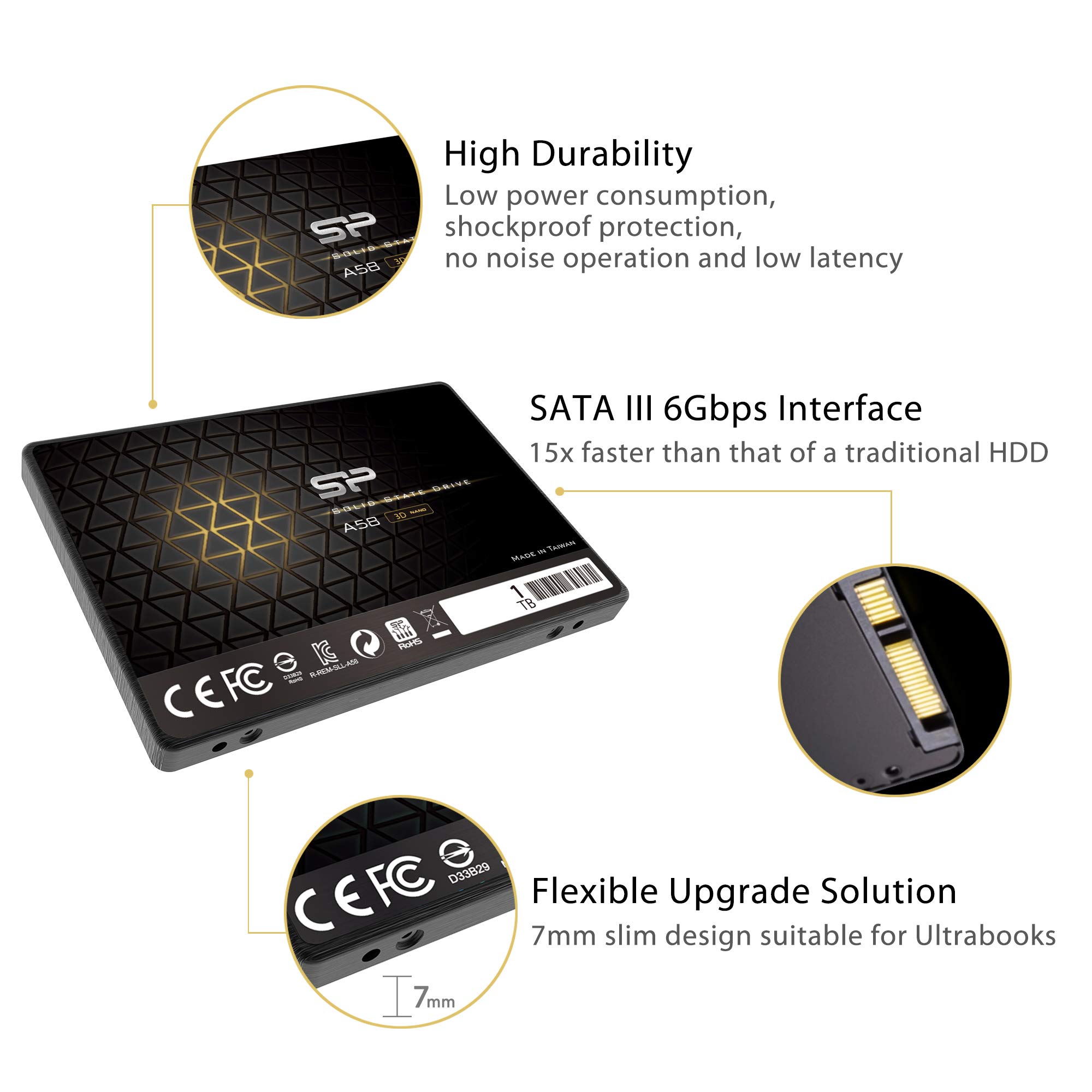 Silicon Power 1TB SSD 3D NAND A58 SLC Cache Performance Boost SATA III 2.5" 7mm (0.28") Internal Solid State Drive