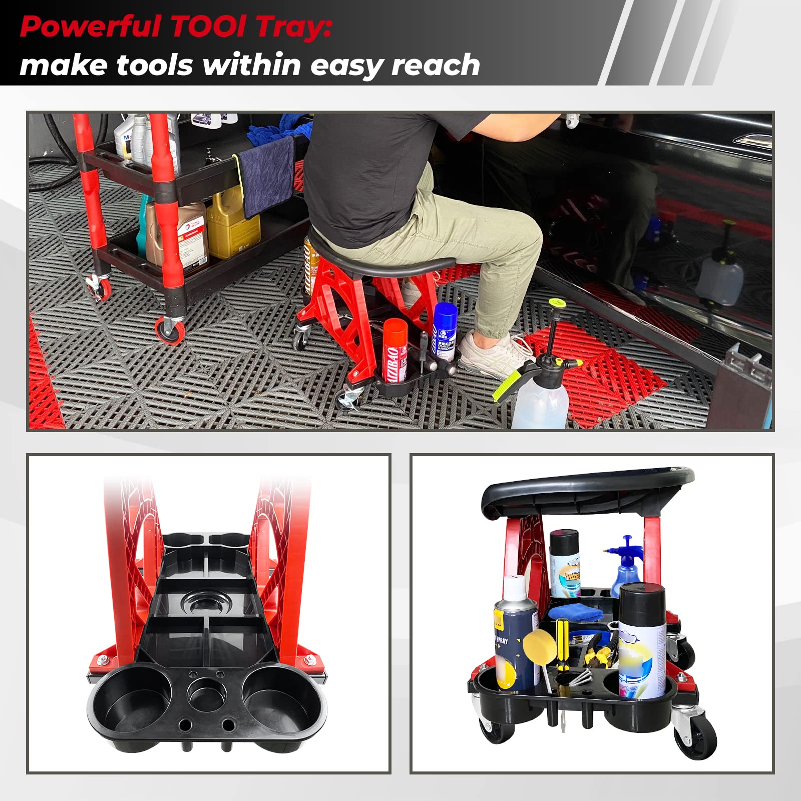 ROBLOCK Durable Mechanic Stool Chair with Wheels, Heavy Duty Garage Shop Stool On Wheels, Rolling Stool Car Detailing Creeper Seat with Tool Tray for Workshop, Auto Repair Shop and Home
