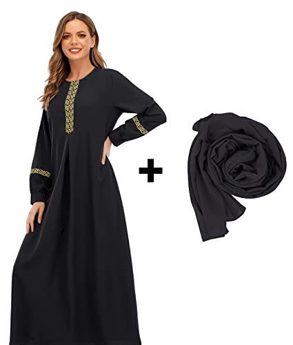 Abetteric Womens Long Sleeve Ethnic Style Full Zip Muslim Dresses Abaya with Hijabs Black 2XL