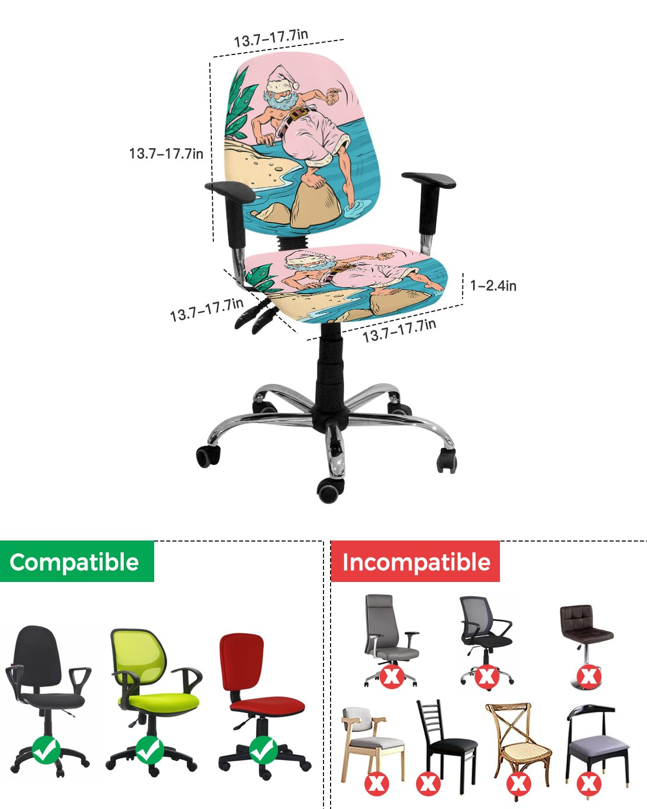 Tropical Santa Claus Office Chair Cover Stretchable Computer Chair Seat Cover Backrest Slipcovers, Stretchable Rotating Desk Chair Seat Cushion Split Protectors Christmas Pine Palm Tree Leaf