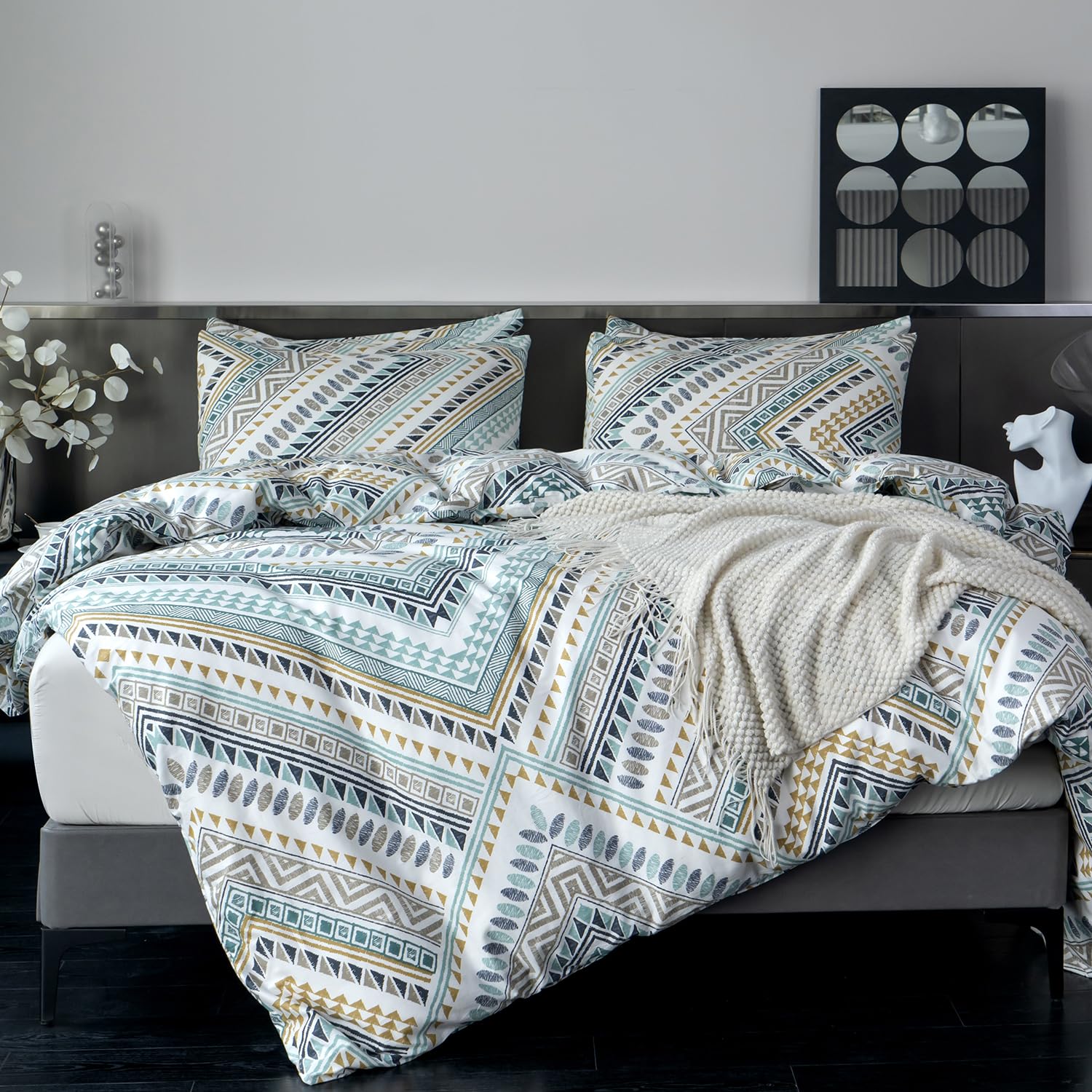 Boho Duvet Cover King, 3 Pieces Boho King Bedding Set, Ethnic Yellow White Green Louvre Bohemian Pattern Duvet Covers, 100% Cotton, Luxury Soft Breathable Comfy with Zipper Closure