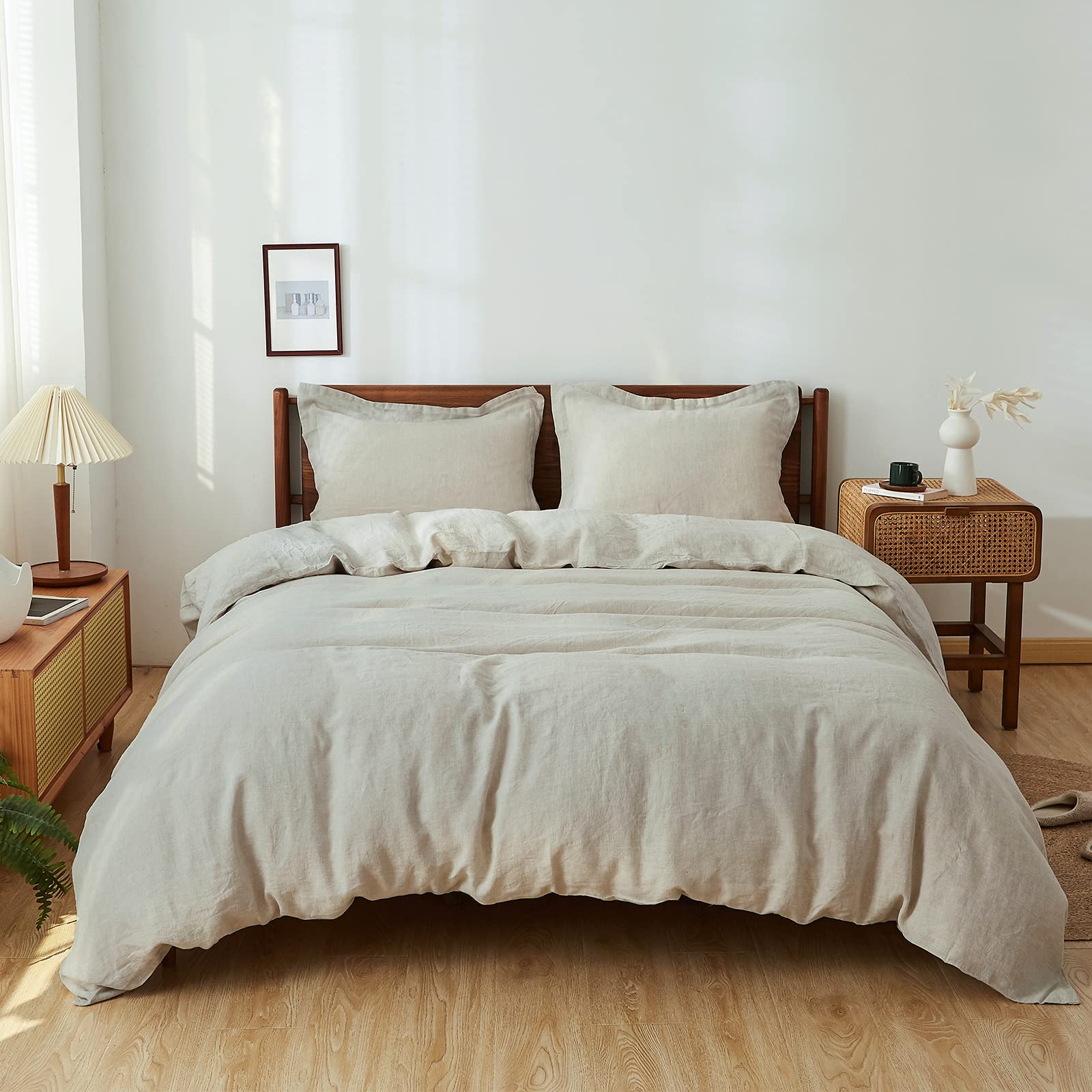 Simple&Opulence 100% Linen Duvet Cover Set 3pcs Basic Style Natural French Washed Flax Solid Color Soft Breathable Farmhouse Bedding with Button Closure - Linen, Queen