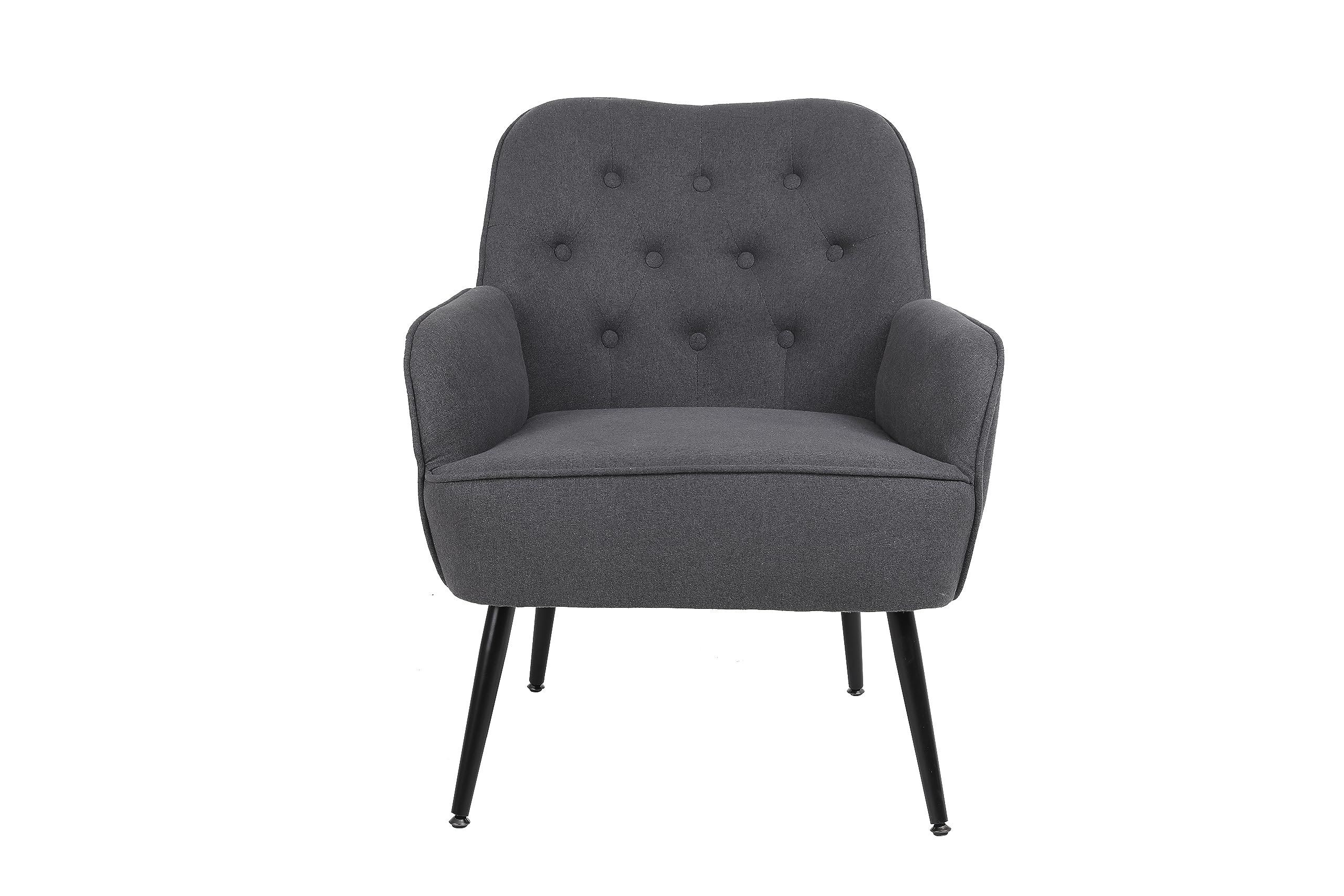 Mid Century Modern Accent Chair Button-Tufted Upholstered Comfy Chair with Linen Fabric Lounge Arm Chairs with Black Metal Legs for Living Room Bedroom (Dark Gray)