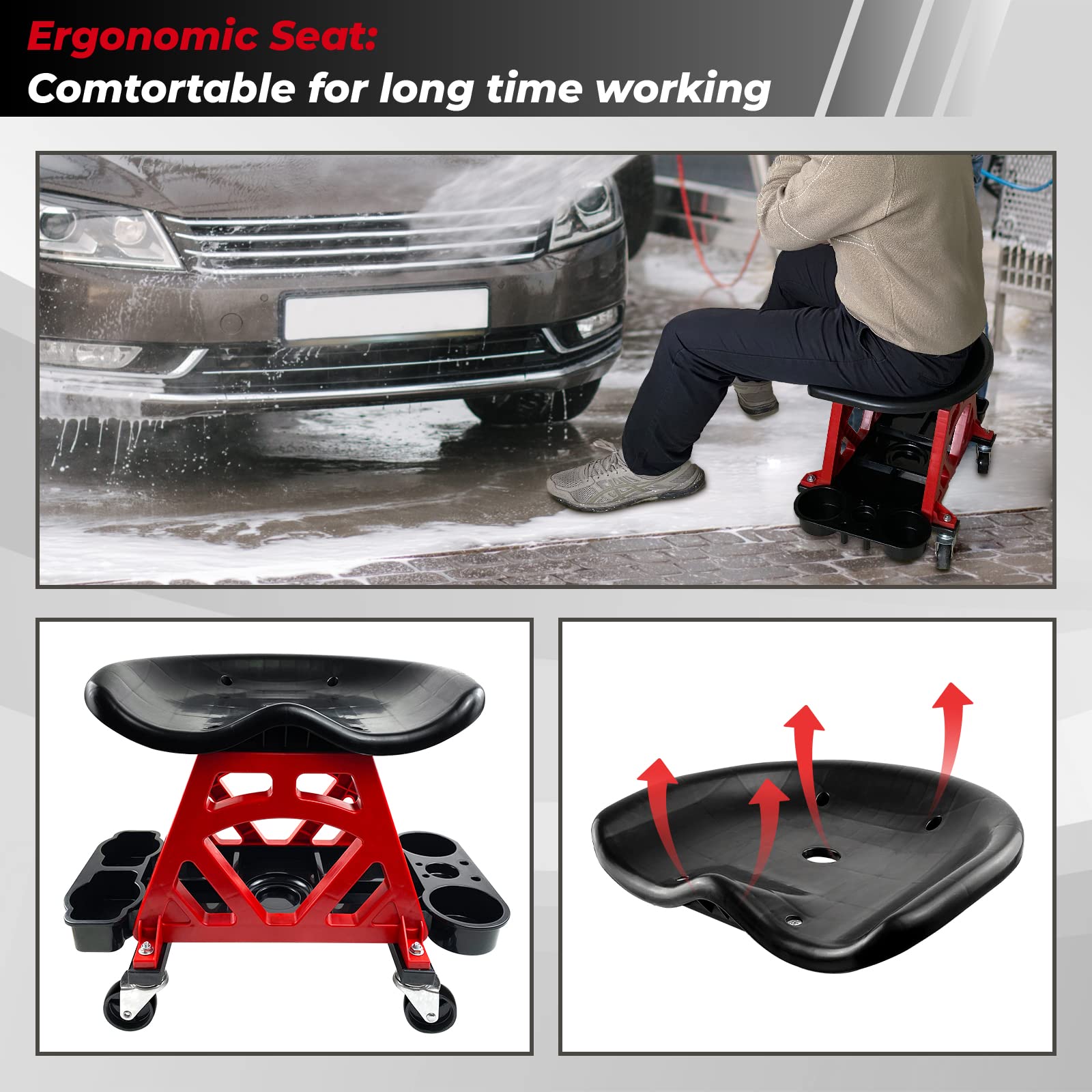 ROBLOCK Durable Mechanic Stool Chair with Wheels, Heavy Duty Garage Shop Stool On Wheels, Rolling Stool Car Detailing Creeper Seat with Tool Tray for Workshop, Auto Repair Shop and Home