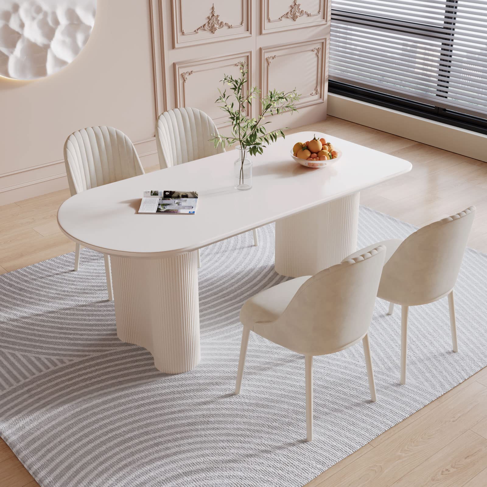 Guyii Dining Table Set with 6 Chairs, Modern Kitchen Table Set, Indoor Dining Table for Kitchen, Bar, Living Room, Breakfast Nook, Small Space, White