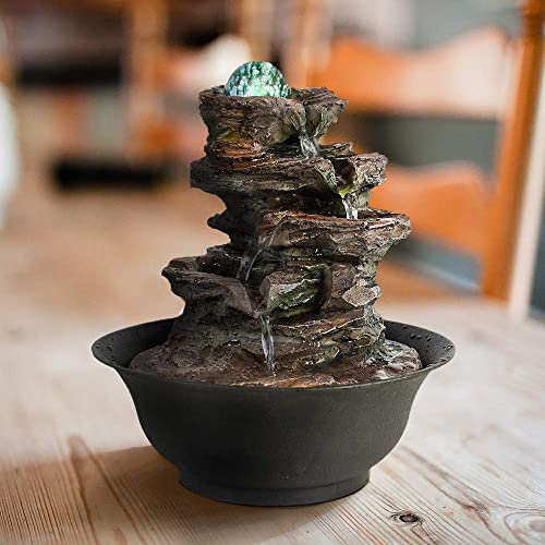 Ferrisland 4-Tier Tabletop Water Fountain with Cascading Rock Waterfall and LED Lights for Office Home Décor