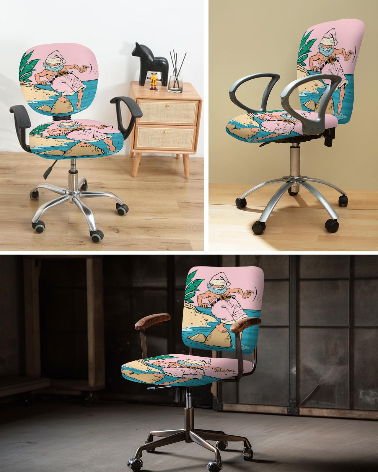 Tropical Santa Claus Office Chair Cover Stretchable Computer Chair Seat Cover Backrest Slipcovers, Stretchable Rotating Desk Chair Seat Cushion Split Protectors Christmas Pine Palm Tree Leaf