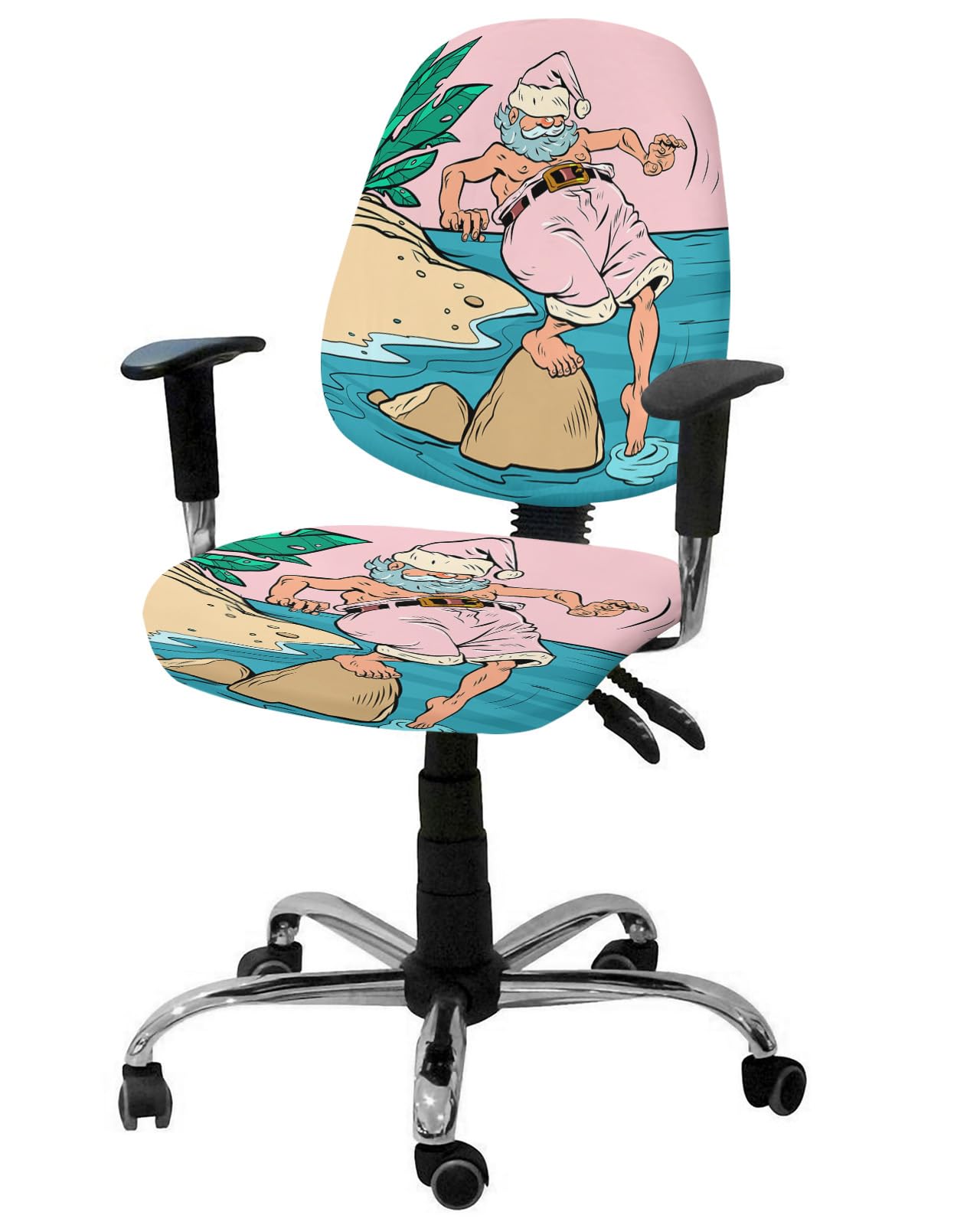 Tropical Santa Claus Office Chair Cover Stretchable Computer Chair Seat Cover Backrest Slipcovers, Stretchable Rotating Desk Chair Seat Cushion Split Protectors Christmas Pine Palm Tree Leaf