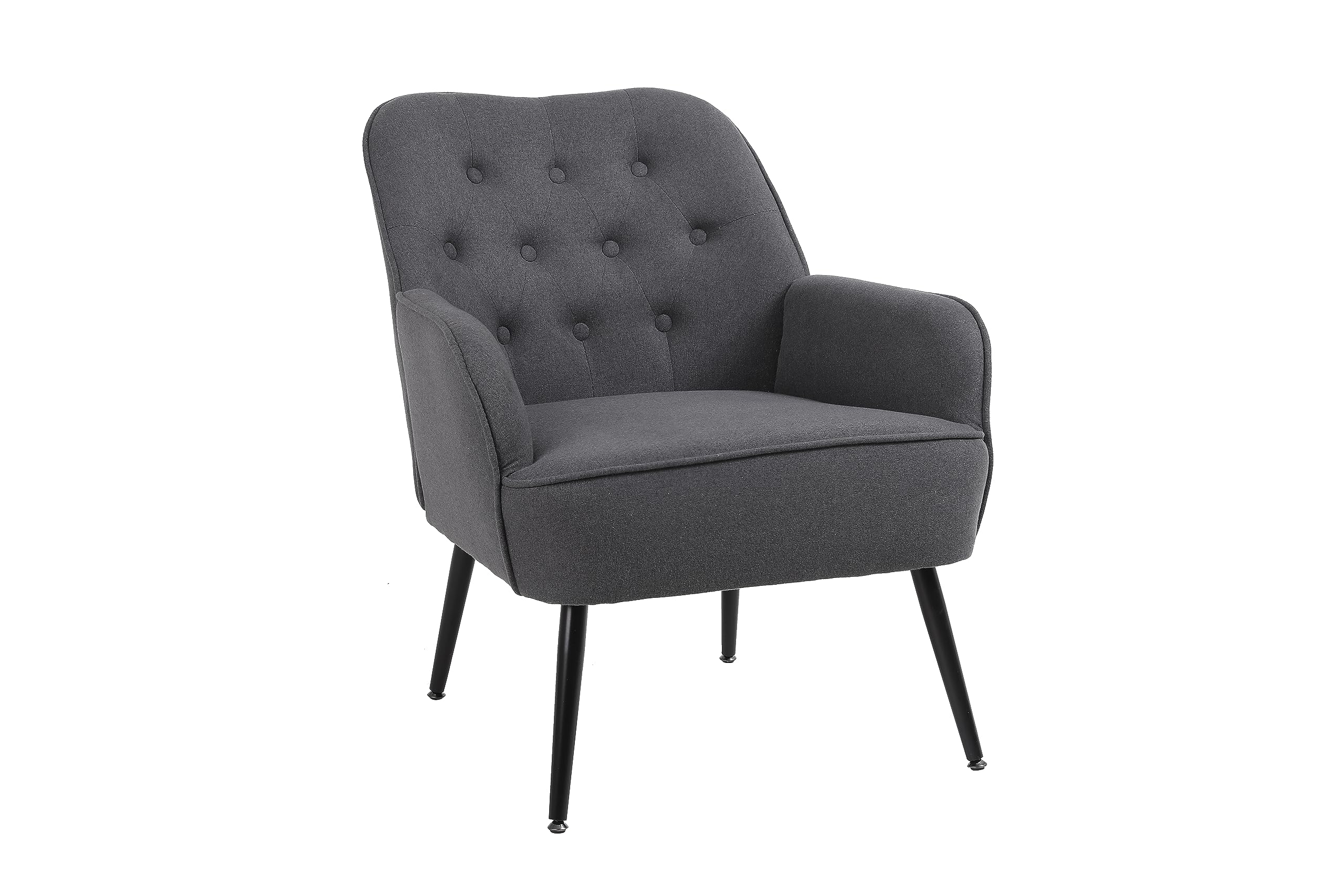 Mid Century Modern Accent Chair Button-Tufted Upholstered Comfy Chair with Linen Fabric Lounge Arm Chairs with Black Metal Legs for Living Room Bedroom (Dark Gray)