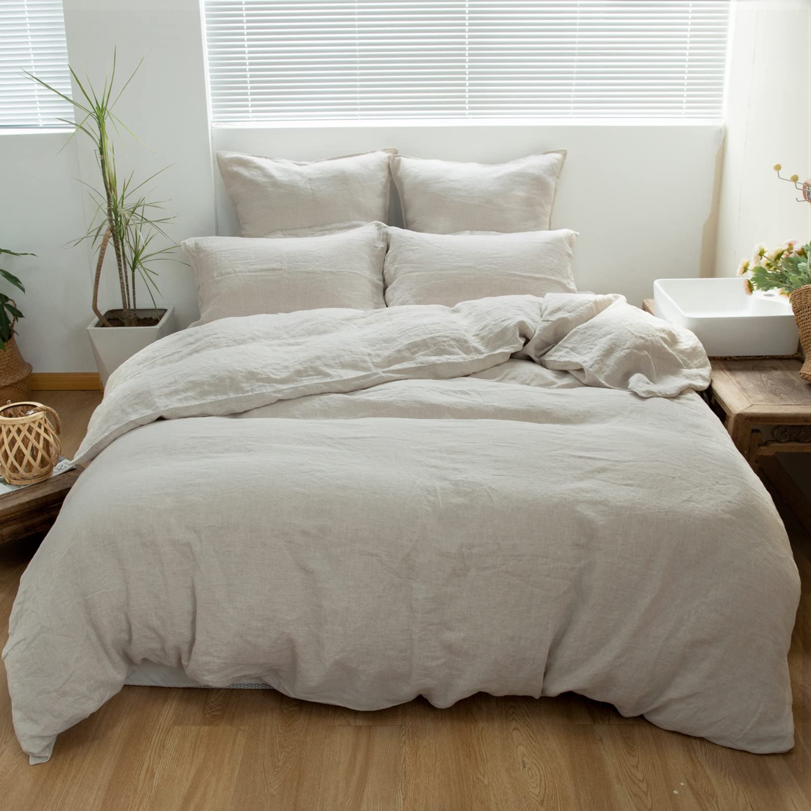 Simple&Opulence 100% Linen Duvet Cover Set 3pcs Basic Style Natural French Washed Flax Solid Color Soft Breathable Farmhouse Bedding with Button Closure - Linen, Queen