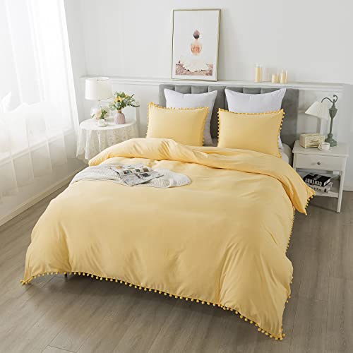 Caressma Pom Pom Fringe Boho Duvet Cover Set Queen Size, Soft Washed Microfiber 3pcs Bedding Duvet Cover, All Season Yellow Comforter Cover Set with Zipper Closure (1 Duvet Cover+2 Pillowcases)