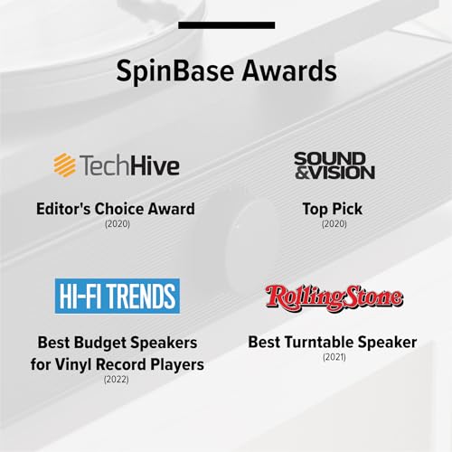 Andover Audio Spinbase Speaker System designed for Turntables; phono input, bluetooth, aux-in, Bass and Treble control, ISOGroove Anti-Feedback - (White)