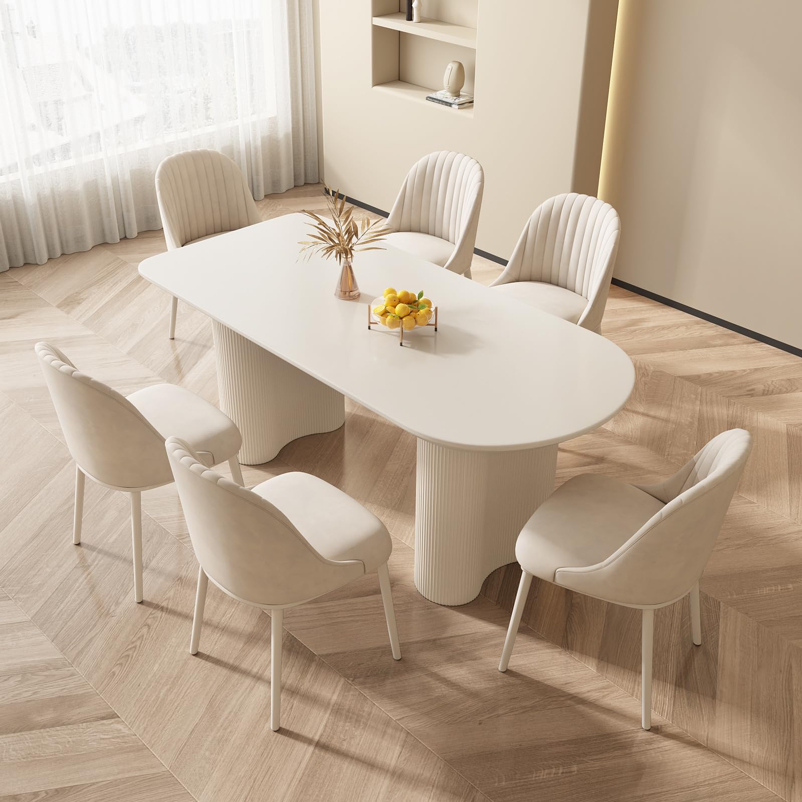 Guyii Dining Table Set with 6 Chairs, Modern Kitchen Table Set, Indoor Dining Table for Kitchen, Bar, Living Room, Breakfast Nook, Small Space, White