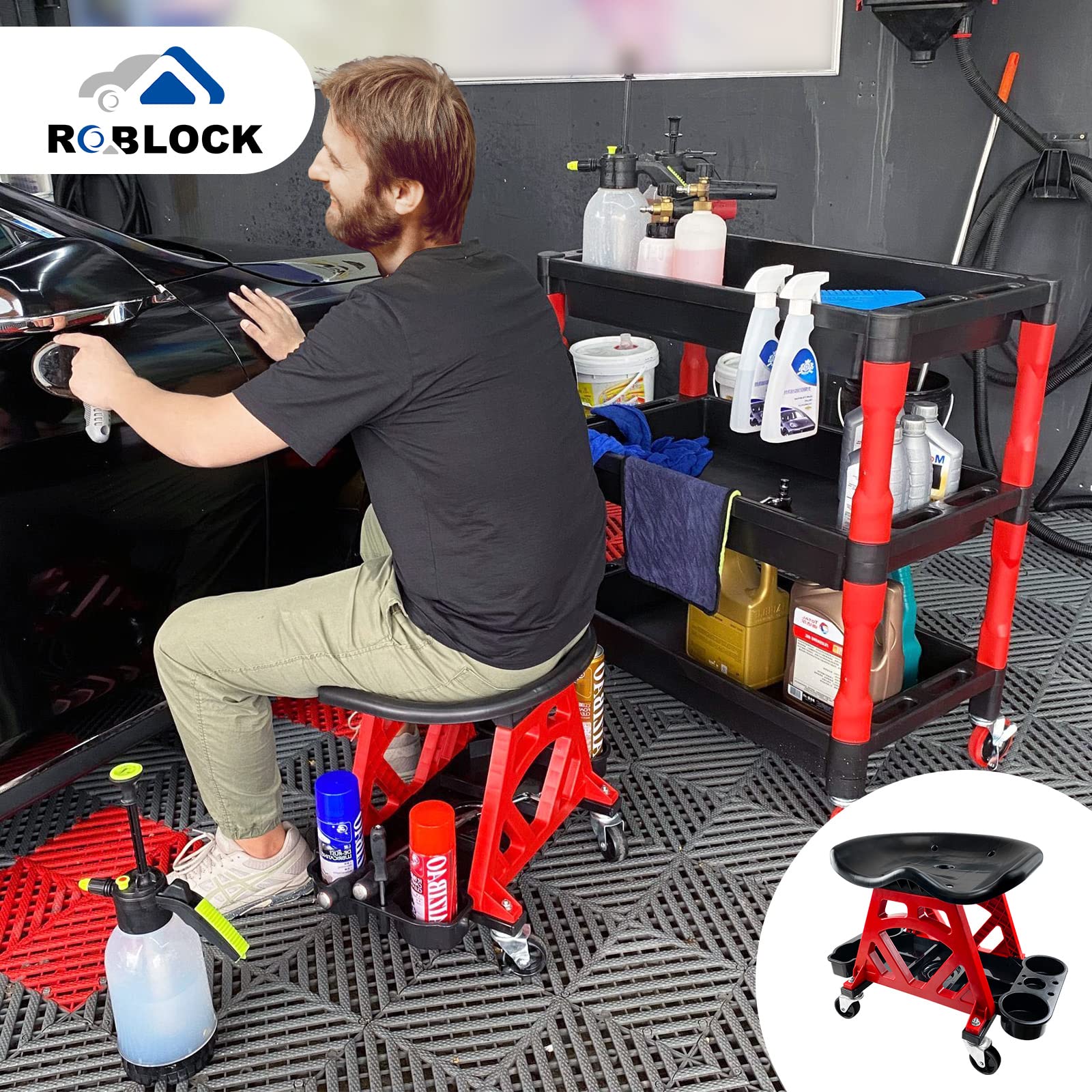 ROBLOCK Durable Mechanic Stool Chair with Wheels, Heavy Duty Garage Shop Stool On Wheels, Rolling Stool Car Detailing Creeper Seat with Tool Tray for Workshop, Auto Repair Shop and Home
