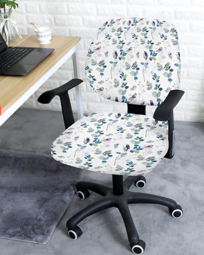 Leaves Birds Office Chair Cover Stretchable Computer Chair Seat Cover Backrest Slipcovers, Stretchable Rotating Desk Chair Seat Cushion Split Protectors Farmhouse Country Rustic Botanical Plant