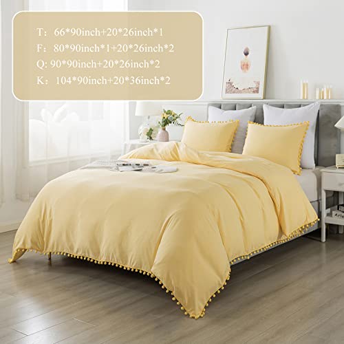 Caressma Pom Pom Fringe Boho Duvet Cover Set Queen Size, Soft Washed Microfiber 3pcs Bedding Duvet Cover, All Season Yellow Comforter Cover Set with Zipper Closure (1 Duvet Cover+2 Pillowcases)