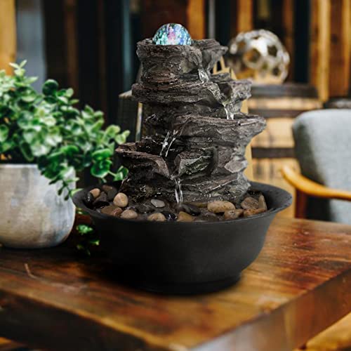 Ferrisland 4-Tier Tabletop Water Fountain with Cascading Rock Waterfall and LED Lights for Office Home Décor