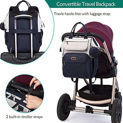BabbleRoo Diaper Bag Backpack, Multifunction Large Bags with Changing Pad & Stroller Straps & Pacifier Case, Unisex Stylish Travel Back Pack Nappy Changing Bag for Moms Dads (Stone Gray & Blue)