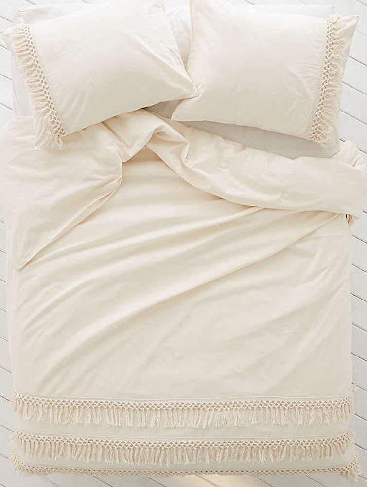 White Duvet Cover Fringed Cotton Tassel Boho Quilt Cover (96inL*104inW)